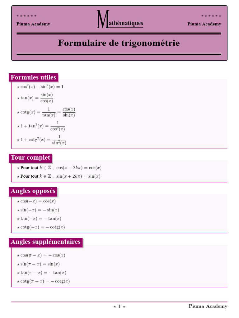 Formulaire de Trigonométrie Blanc | PDF