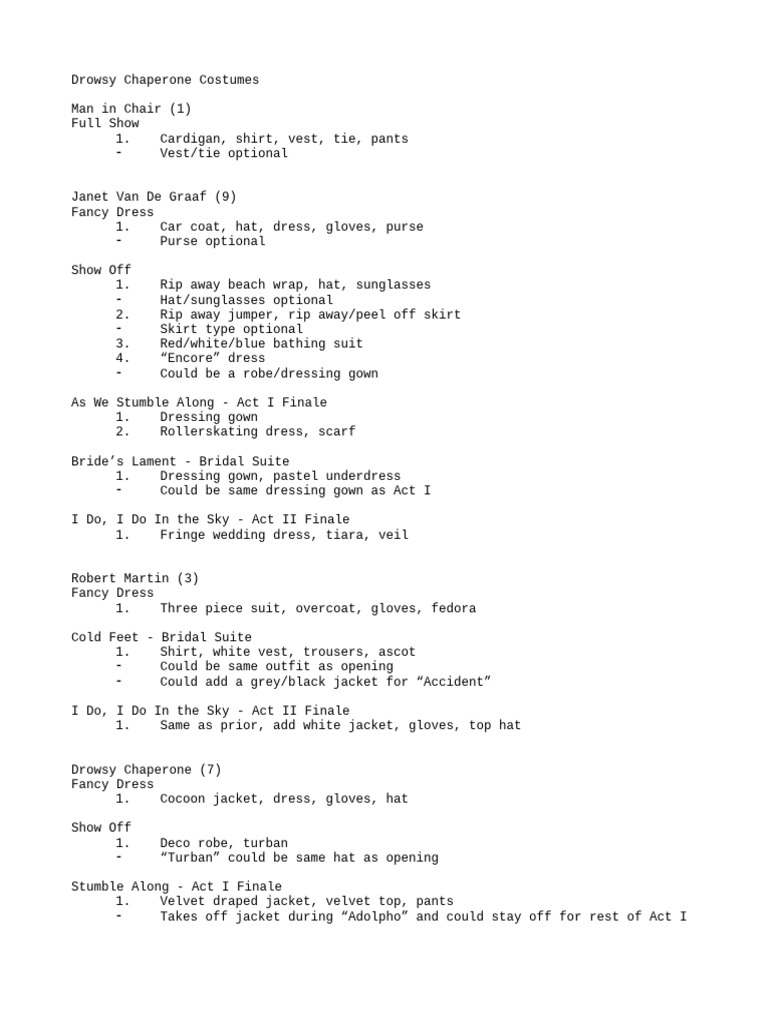Drowsy Chaperone Costume Guide | PDF | Clothing | Fashion