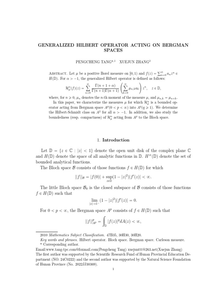 Generalized Hilbert Operator Acting On Bergman Spaces Pdf Hilbert Space Measure Mathematics 