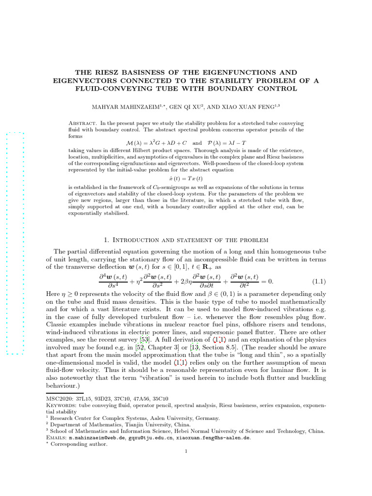 The Riesz Basisness of The Eigenfunctions and Eigenvectors Connected To The Stability Problem of ...