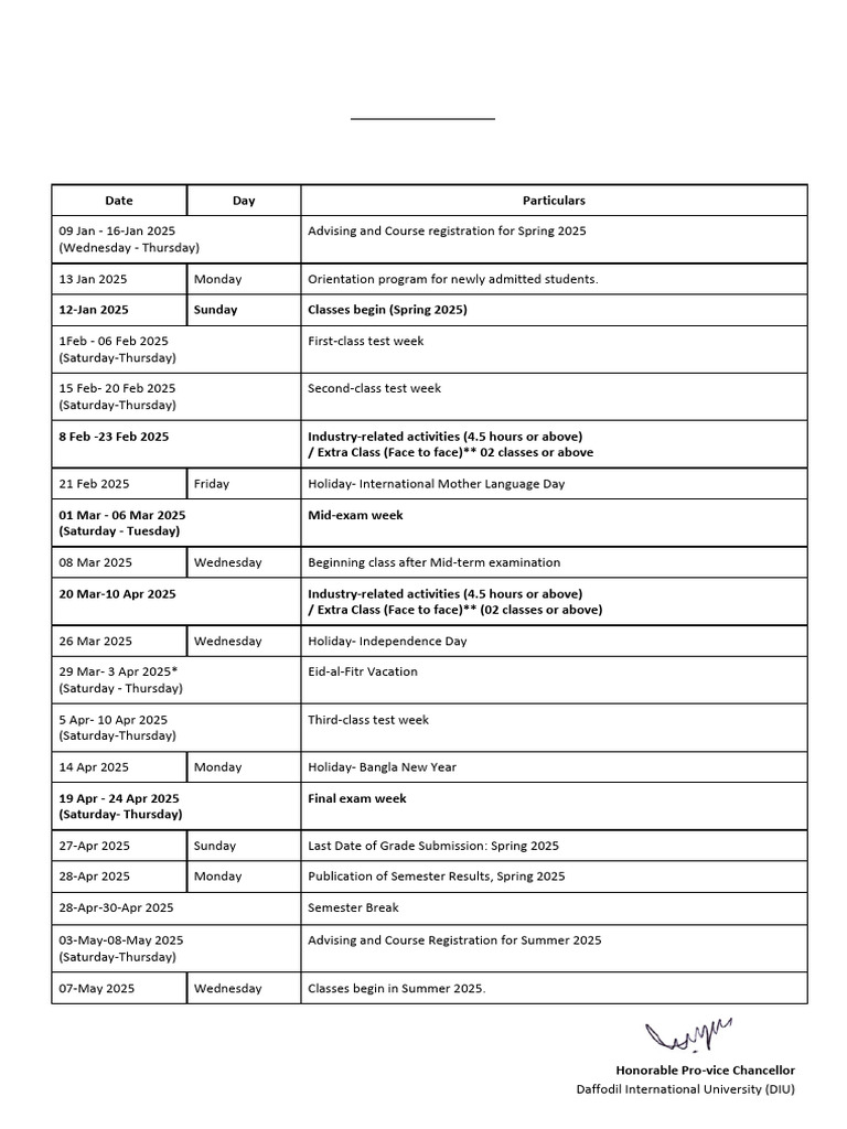 DIU Academic Calendar Spring 2025 | PDF | Academic Term