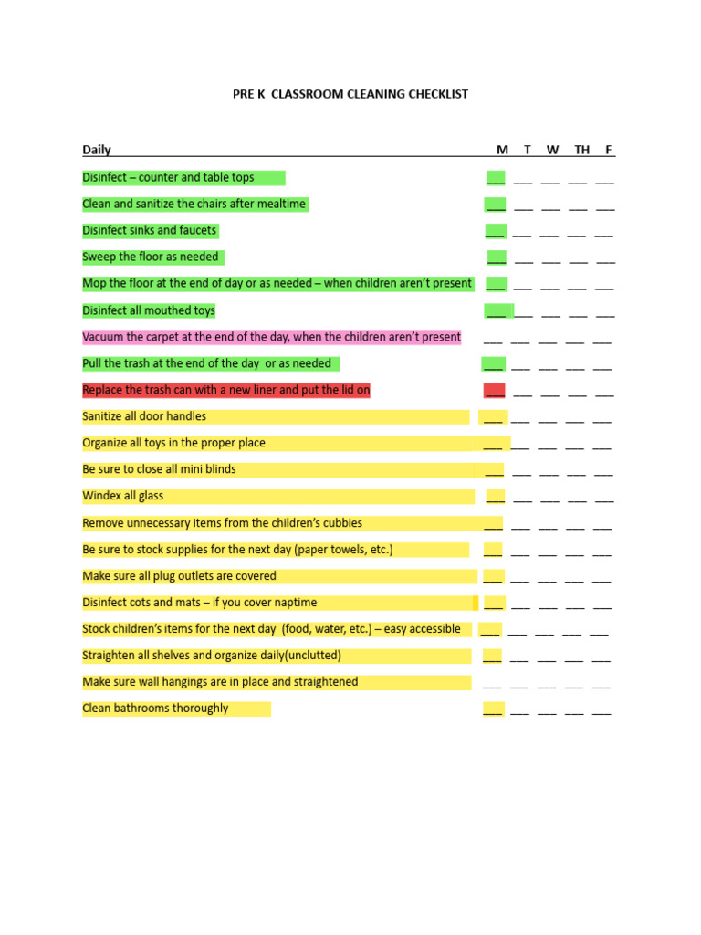 Pre K and Classroom Check Off Cleaning Checklist | PDF