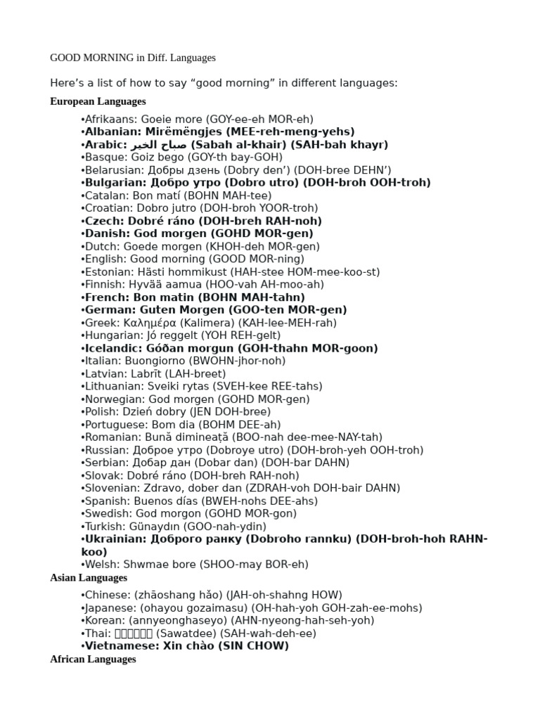 GOOD MORNING in Diff. Languages | PDF | Languages Of Asia | Latin Script