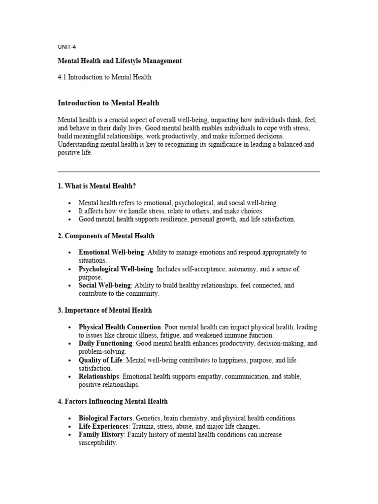 Lifestyle Unit-4 | PDF | Mental Health | Mental Disorder