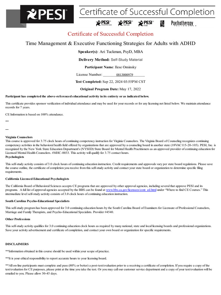 22024certificate Time Management Executive Functioning Strategies