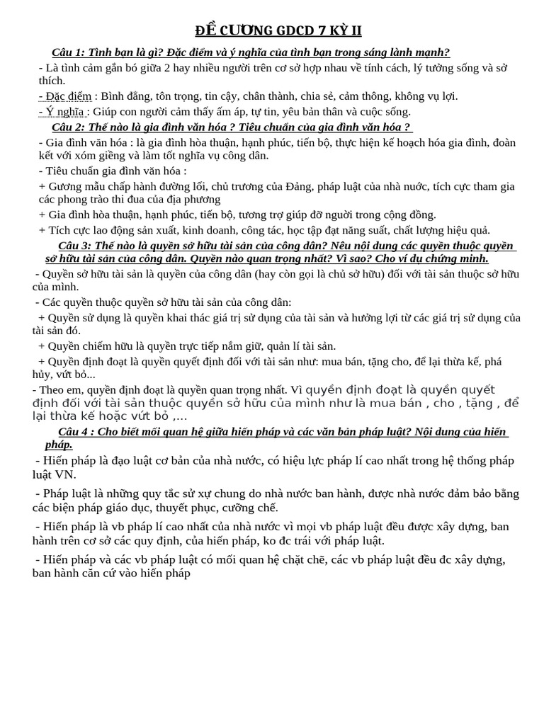 ĐỀ CƯƠNG GDCD 7 KỲ II | PDF