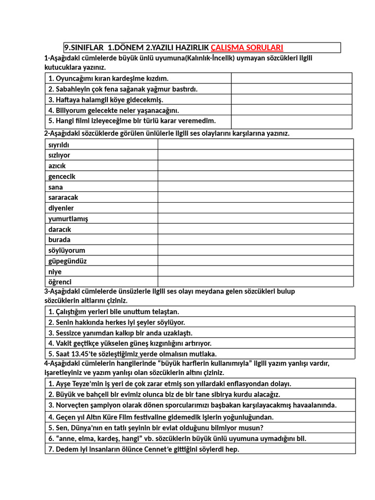 9.sinif 1.dönem 2.yazili Sinava Hazirlik Sorulari-Hayati̇ İptaş | PDF