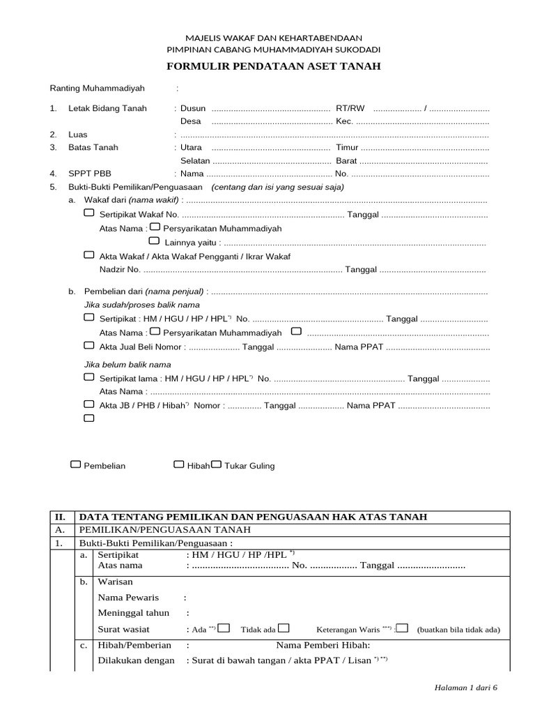 DRaft Formulir Pendataan Aset Tanah | PDF
