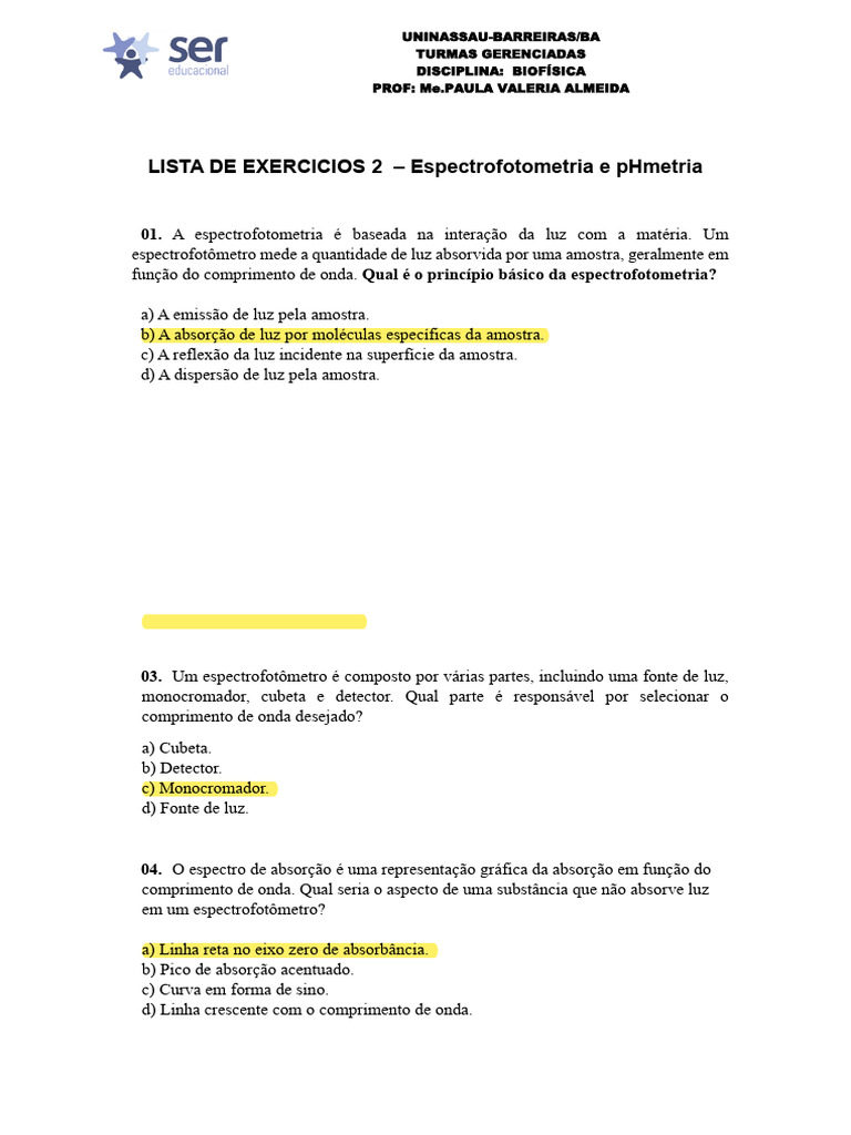 Lista de Exercicios 2 | PDF | Ph | Espectrofotometria