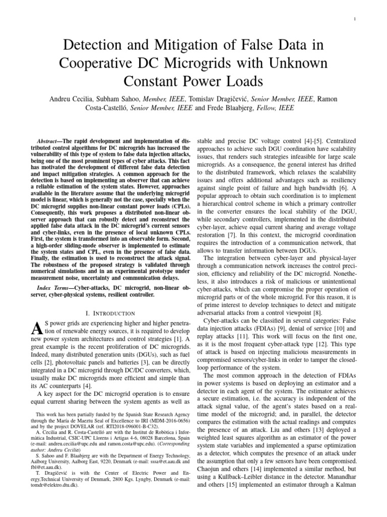 2406 Detection and Mitigation of False Data in Cooperative DC Microgrids With Unknown Constant ...