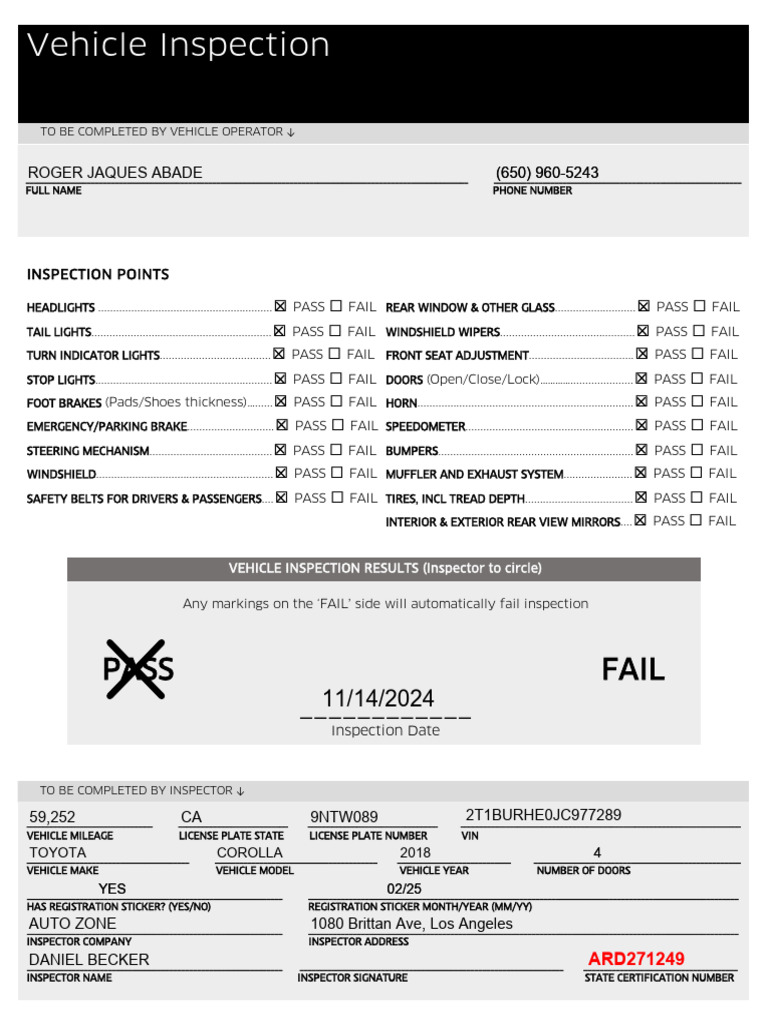 Uber Vehicle Inspection Form | PDF | Vehicles | Cars Of The United States