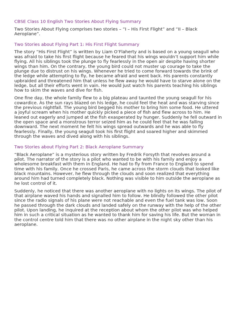 CBSE Class 10 English Two Stories About Flying Summary | PDF | Airplane