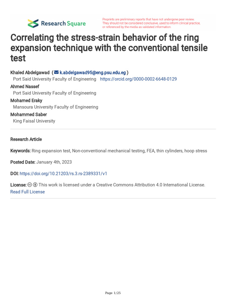 Correlating The Stress Strain Behavior of The Ring Expansion Technique ...