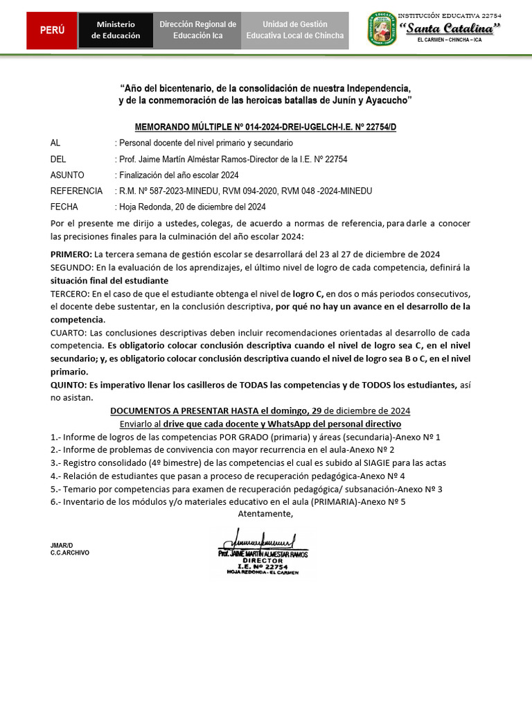 Memorando Múltiple #014-2024-I.E. #22754 | PDF