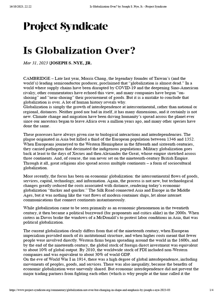 Is Globalization Over_ by Joseph S. Nye, Jr. - Project Syndicate | PDF ...