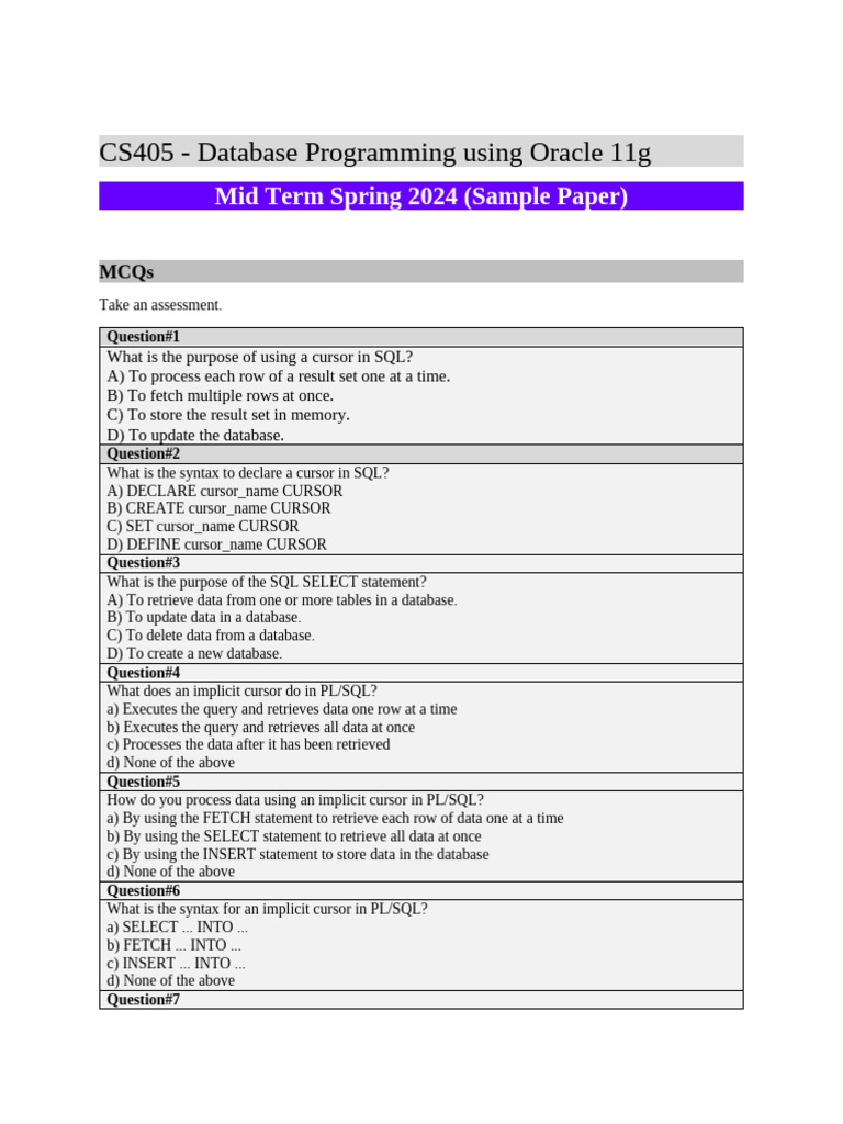 Mid Paper Pattern CS405 - Mid | PDF | Pl/Sql | Parameter (Computer Programming)