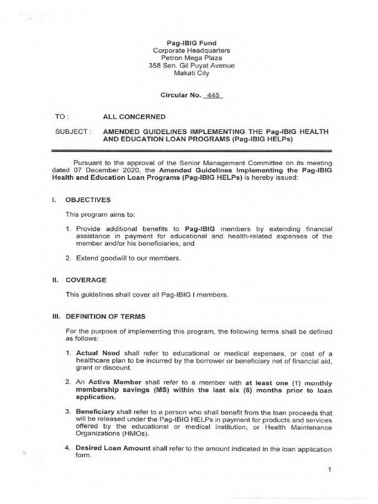 Circular No. 445 - Amended Guidelines Implementing The Pag-IBIG Health ...