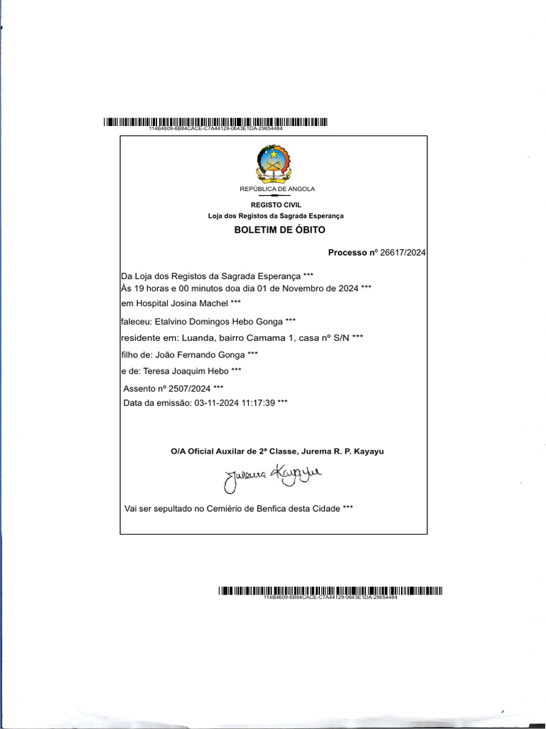 Boletim de Óbito de Etalvino Gonga | PDF
