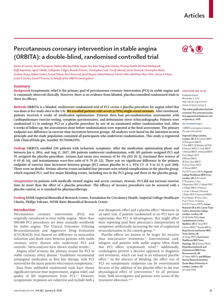 Percutaneous coronary intervention in stable angina (ORBITA)- a double ...