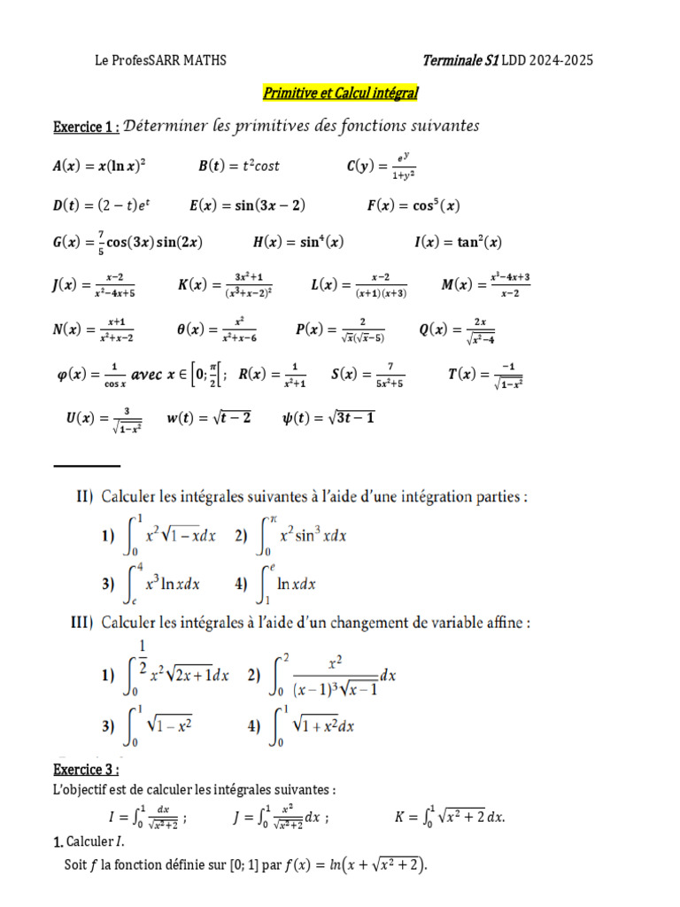 Primitives et Intégrales en Terminale S1 | PDF | Intégral | Mathématiques