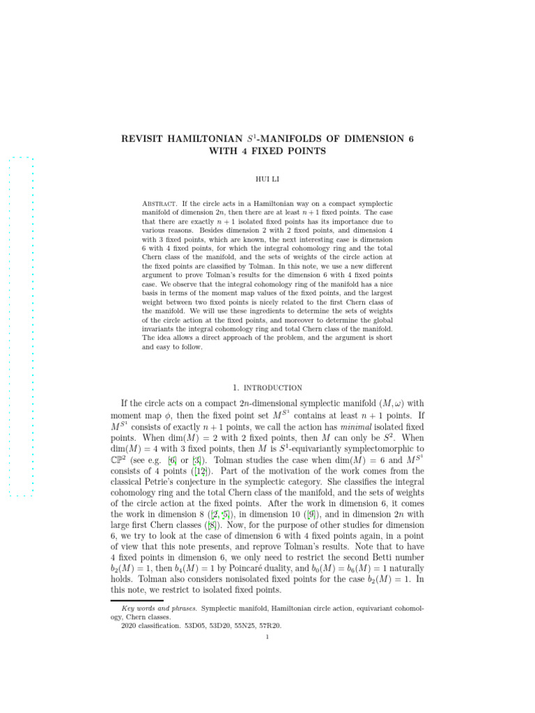 Revisit Hamiltonian S1-Manifolds of Dimension 6 With 4 Fixed Points | PDF
