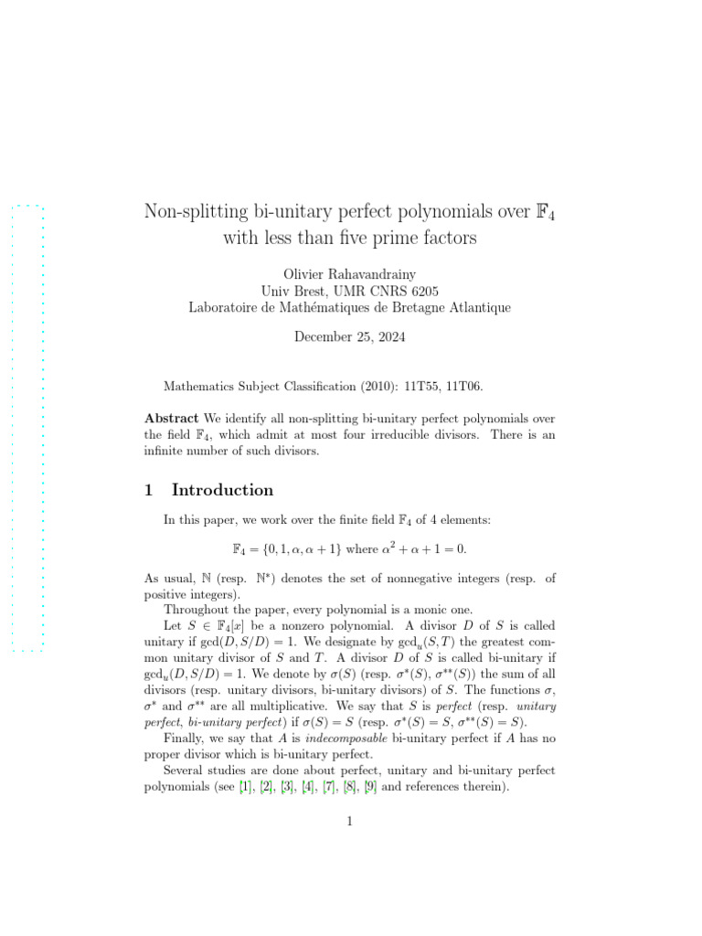 Non-Splitting Bi-Unitary Perfect Polynomials Over F4 With Less Than Five Prime Factors | PDF ...