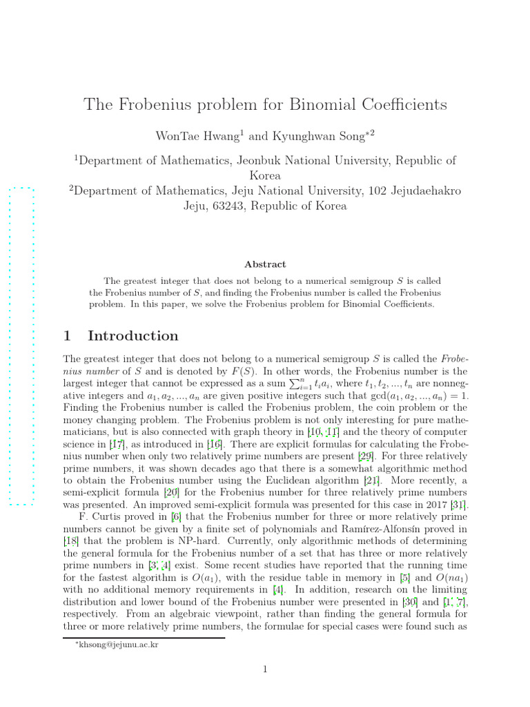 The Frobenius Problem For Binomial Coefficients | PDF | Numbers | Abstract Algebra