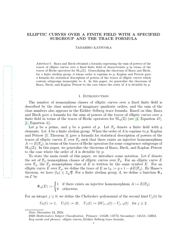 Elliptic Curves Over A Finite Field With A Specified Subgroup and The Trace Formula | PDF ...