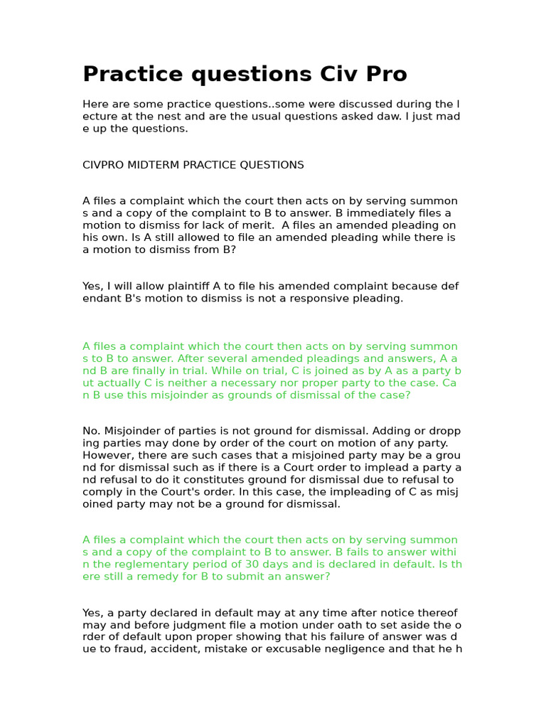 Practice Questions Civ Pro 1 | PDF | Complaint | Pleading