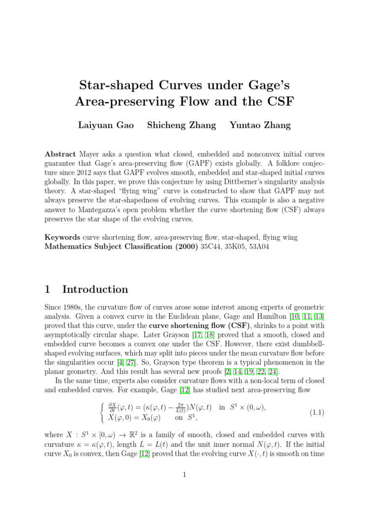 Star-Shaped Curves Under Gage's Area-Preserving Flow and The CSF | PDF ...
