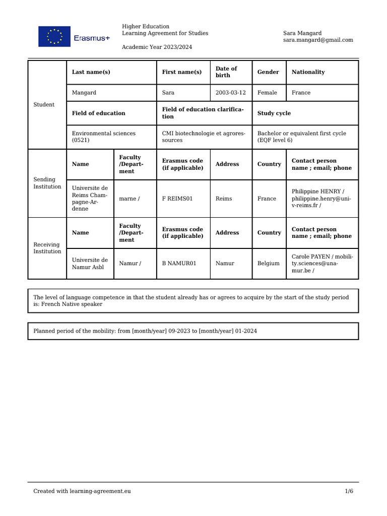 Mangard - Sara - Learning - Agreement 080823 v3 Signé | PDF