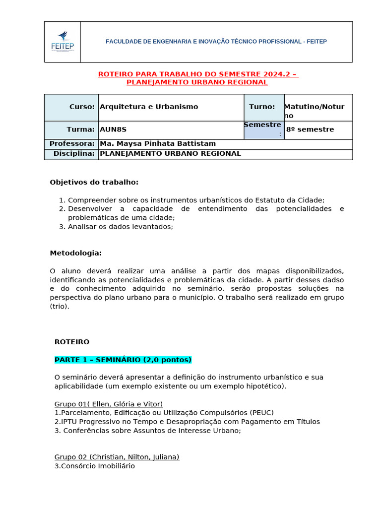 Arq Prof Roteiro Do Trabalho 1bim Pur 2024.2 1723401576541 | PDF | Mapa | Urbanismo