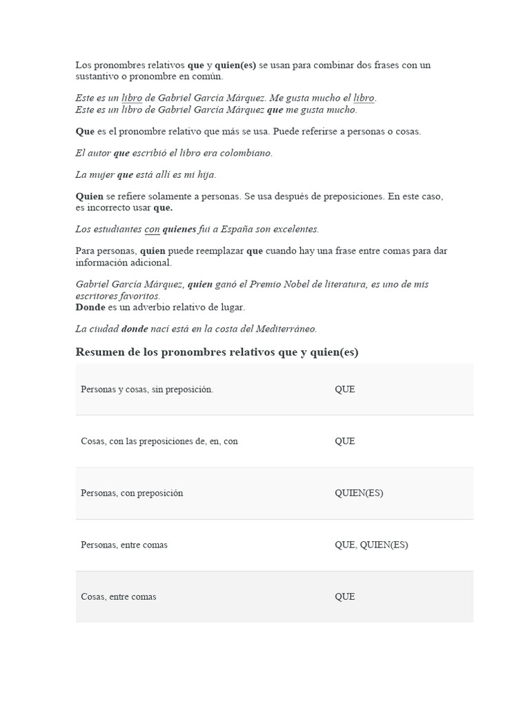 Relativos QUE Vs QUIEN | PDF