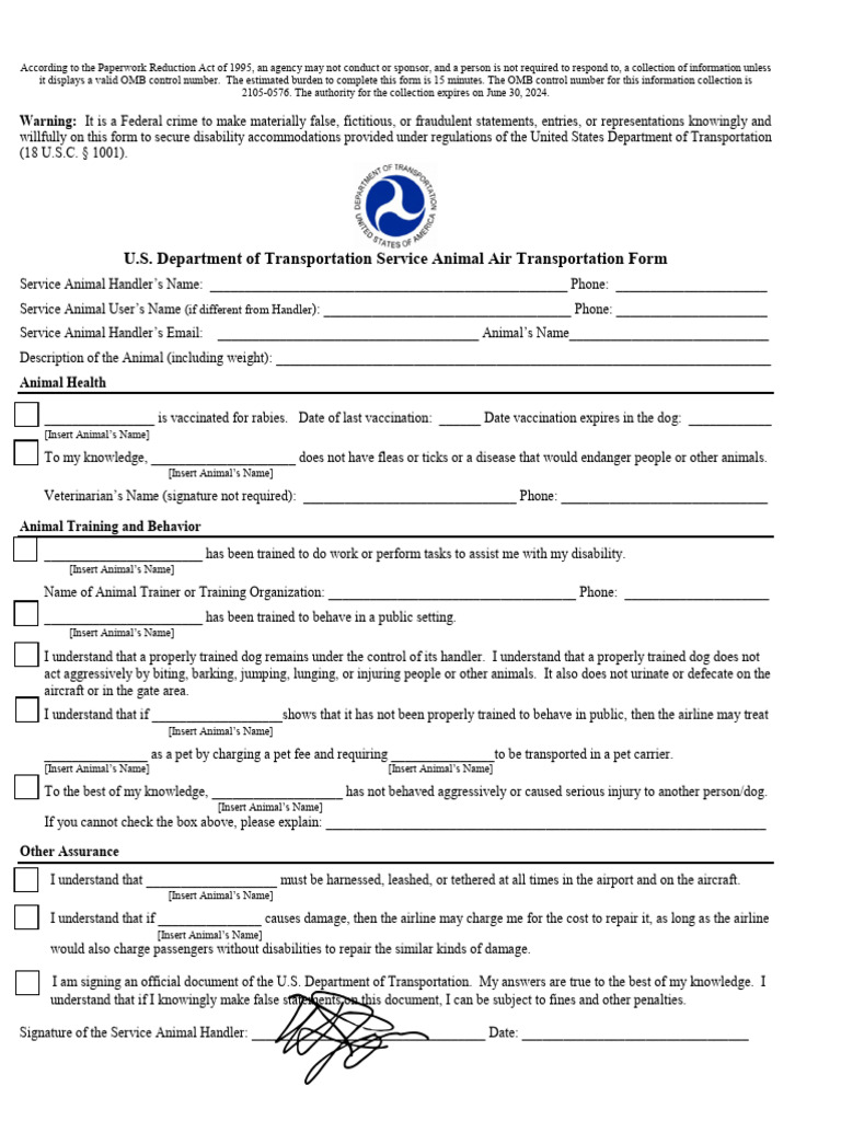 DOT Service Animal Air Form | PDF | Animals And Humans