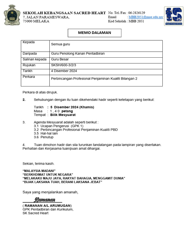Memo Dalaman Penjaminan Kualiti Bil 2 | PDF