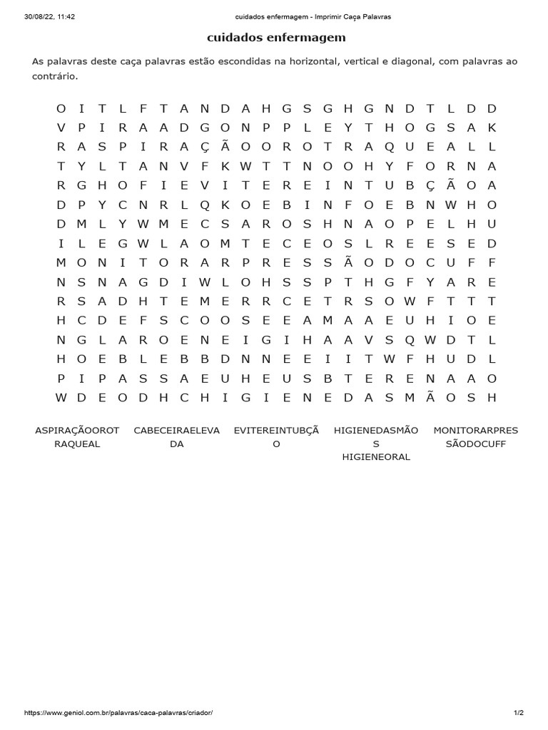 Cuidados Enfermagem - Imprimir Caça Palavras | PDF