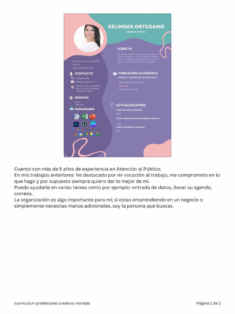 Curriculum Profesional Creativo Morado | PDF