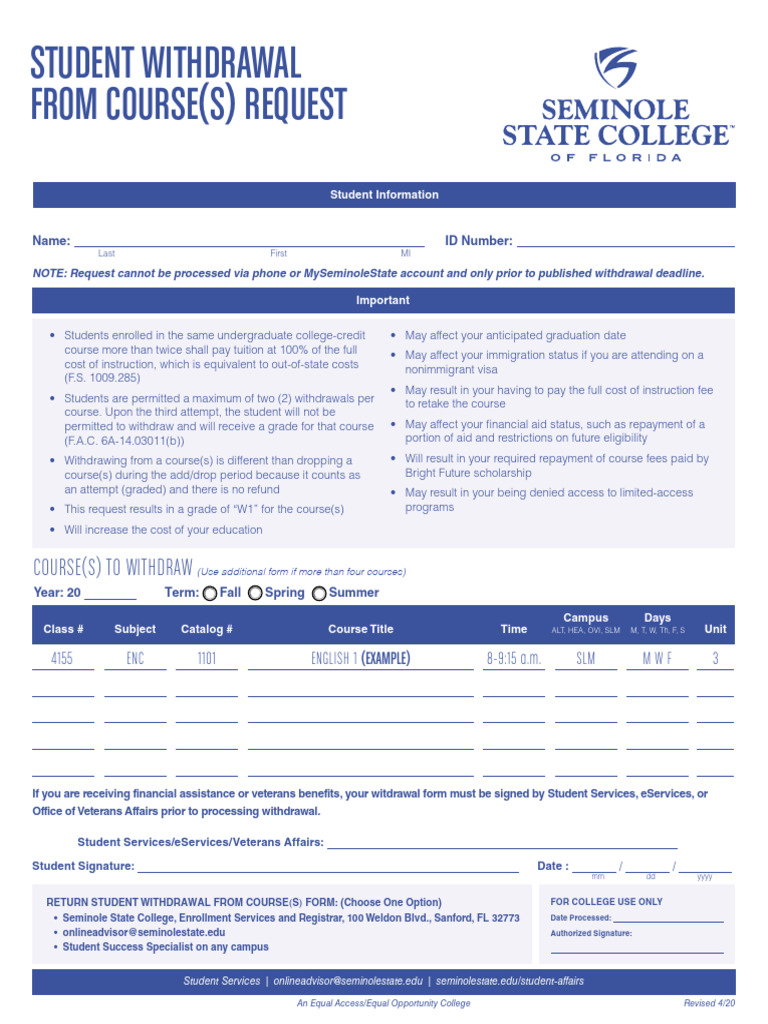 Student Withdrawal From Courses Request - Enrollment Services and Registrar - 42020 - Fillable ...
