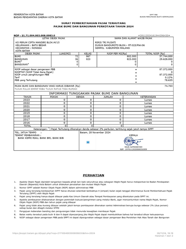 E-SPPT Kota Batam | PDF