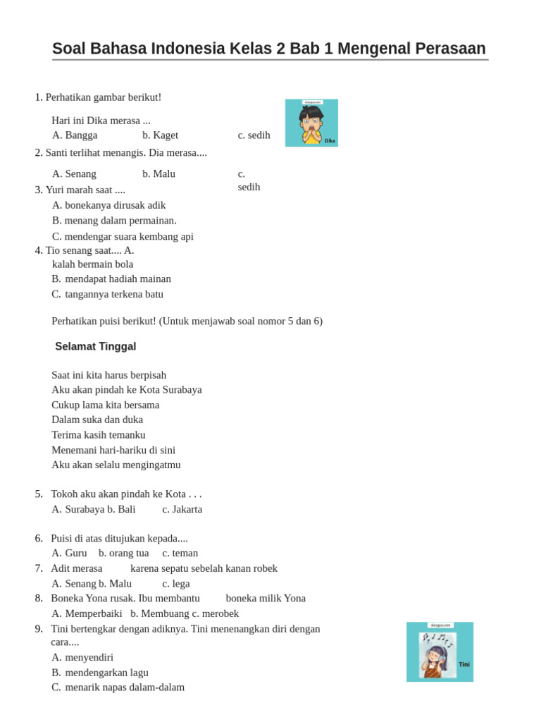 Diaryguru Com Soal Bahasa Indonesia Kelas 2 Bab 1 Mengenal Perasaan | PDF