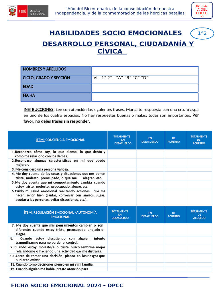 DPCC 1° 2° - FICHA SOCIO EMOCIONAL | PDF