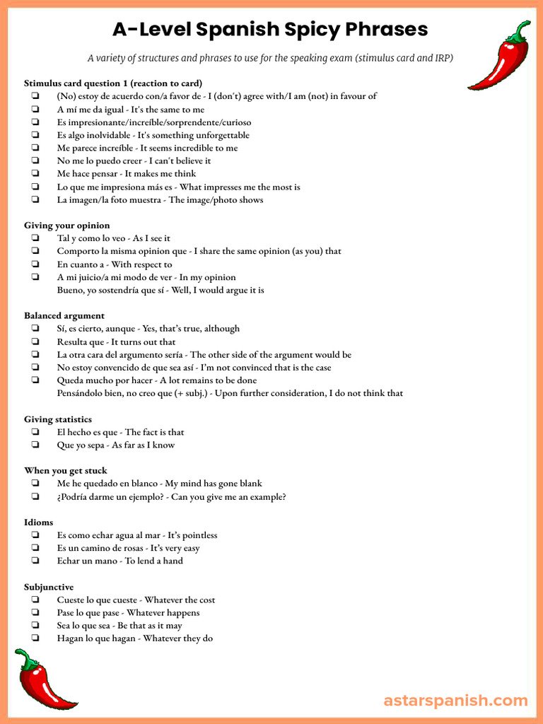 A-Level Spanish Spicy Phrases - Astarspanish | PDF