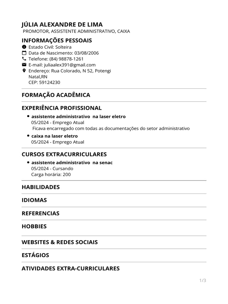 Currículo - Júlia Alexandre de Lima | PDF
