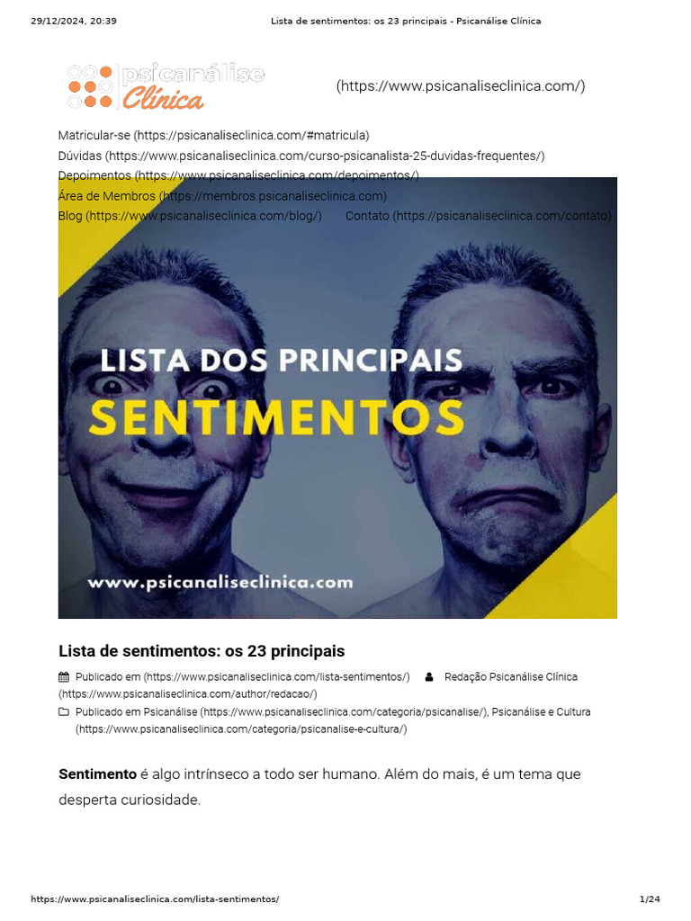 Lista de Sentimentos - Os 23 Principais - Psicanálise Clínica | PDF ...