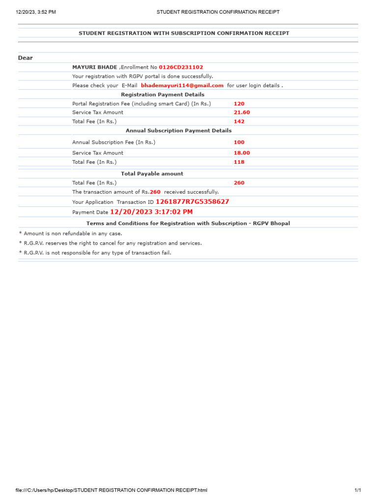 Student Registration Confirmation Receipt | PDF