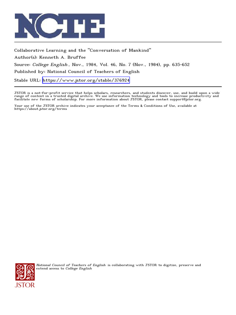 Bruffee CollaborativeLearningConversation 1984 | PDF | Knowledge | Thought