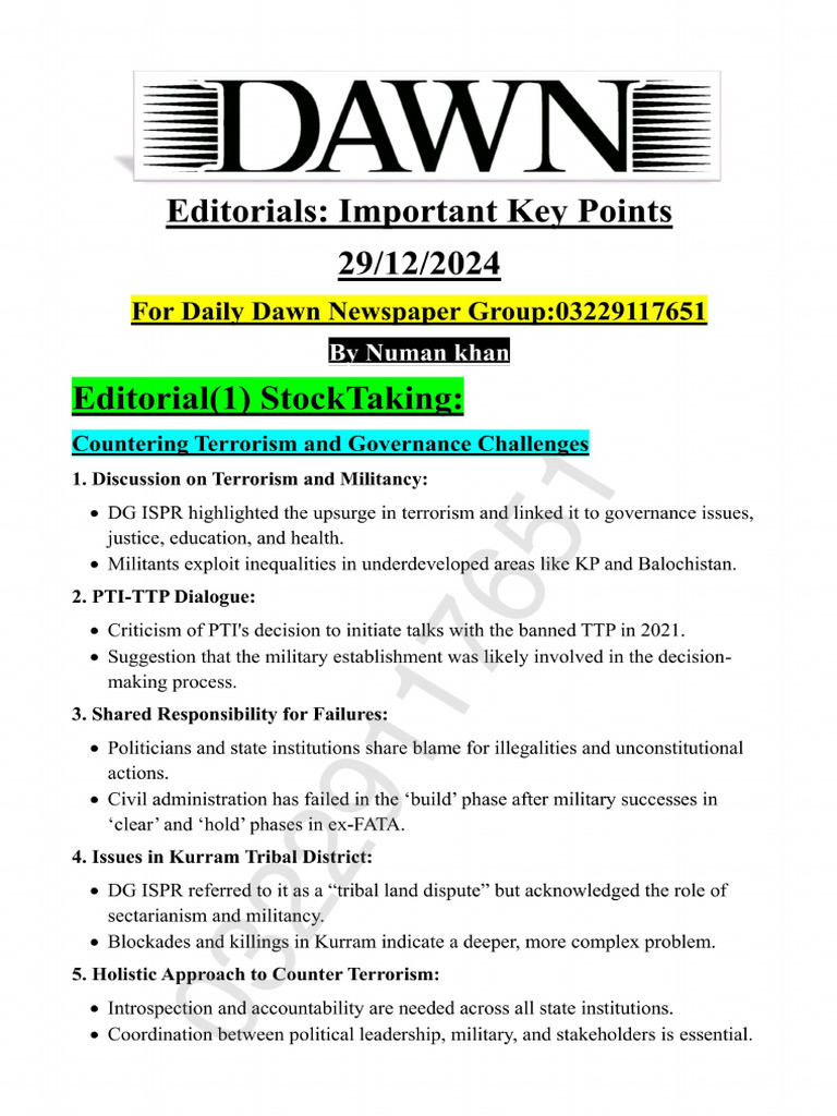 29 December Dawn Important Key Points by 03229117651 | PDF