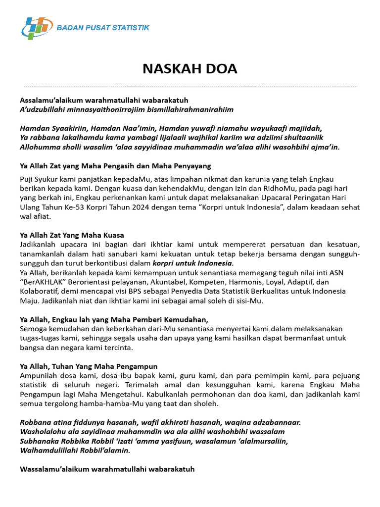 20241129 Naskah Doa Upacara HUT Korpri 2024 | PDF