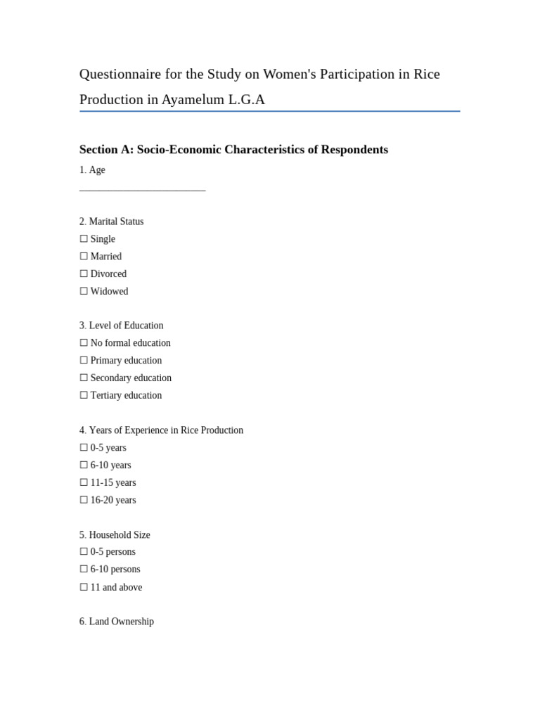 Questionnaire Women Rice Production | PDF