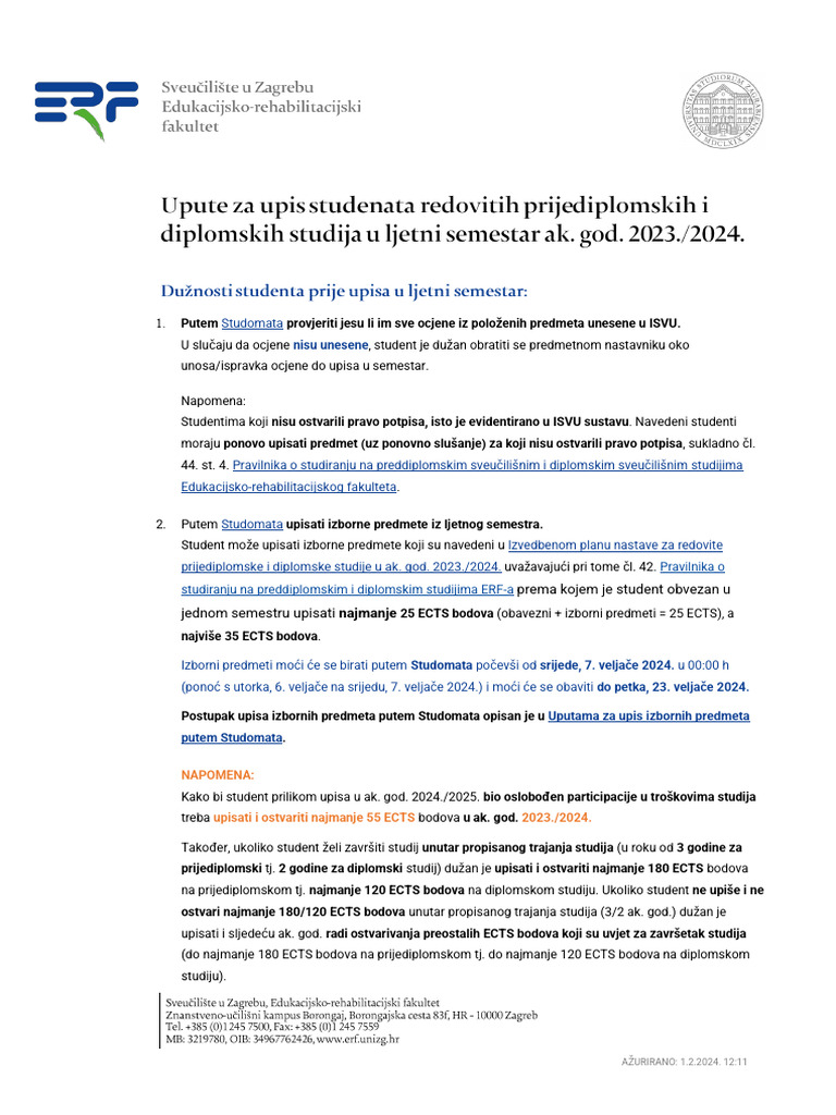 Erfunizg Upute Za Upis Ljetni Semestar 2023 24 REDOVITI | PDF